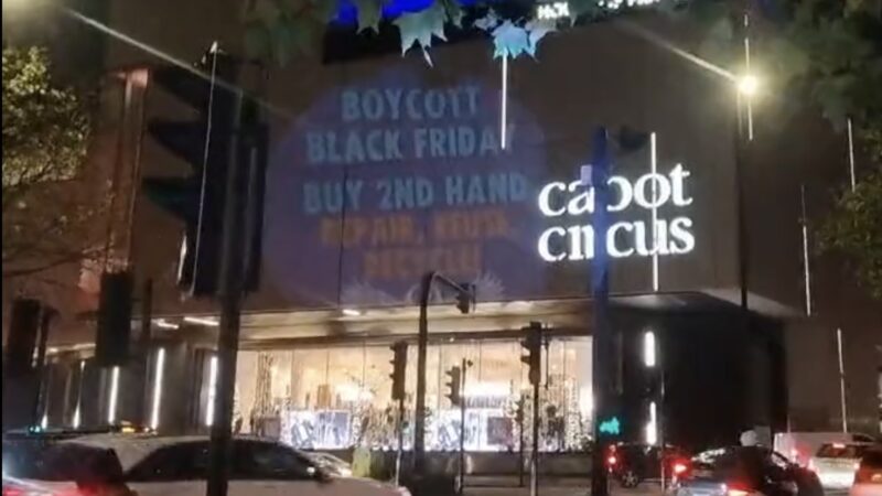 XR Bristol project boycott Black Friday message onto Cabot Circus